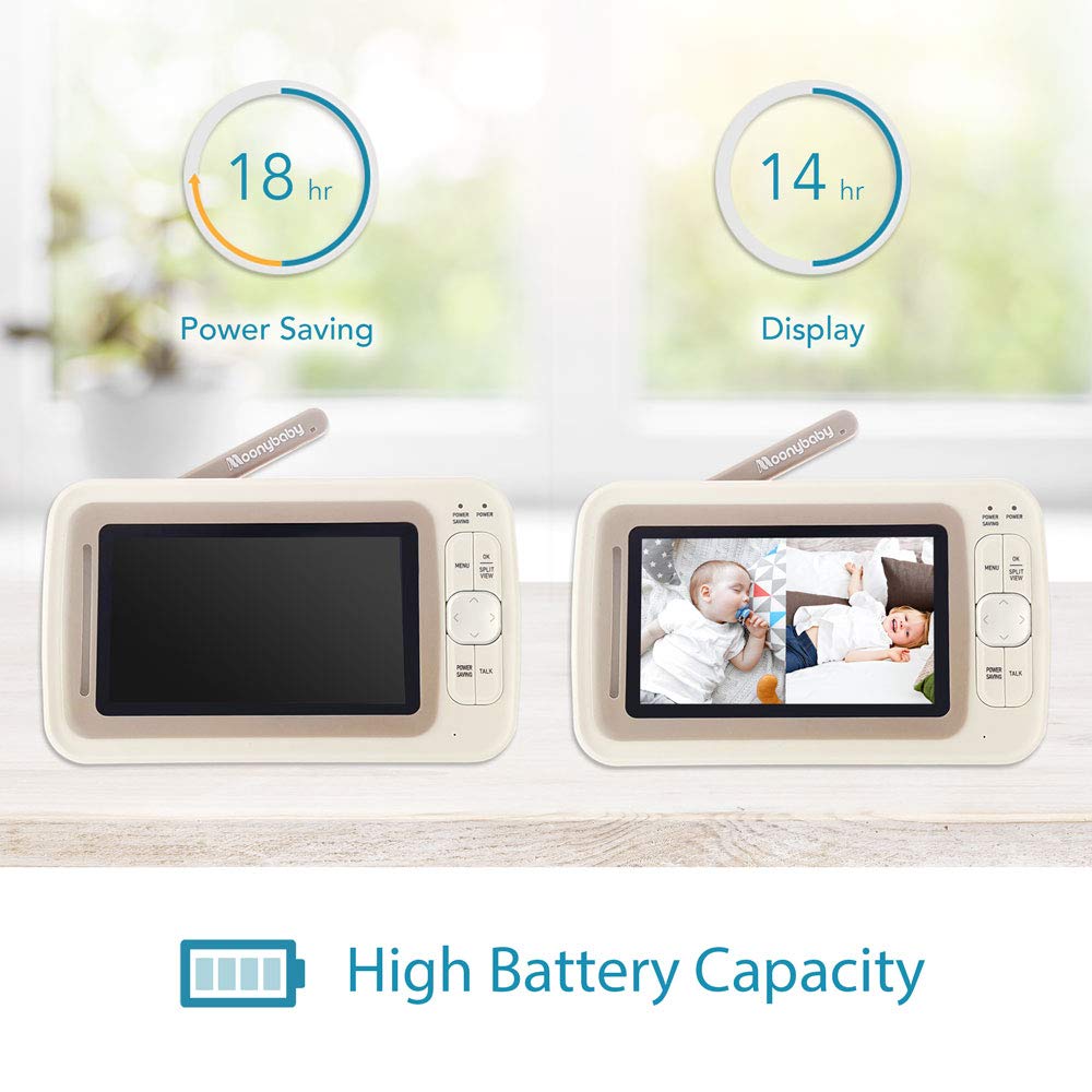 Moonybaby Split Screen Baby Monitor with 2 Cameras, Extended 12hrs Battery Life, Wide View, Large Screen, Long Range, Night Vision, Temperature Monitoring, 2 Way Talk Back, Power Saving
