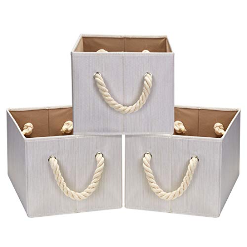 Robuy Storage Bin,Cloth Storage Boxes,3-Pack Collapsible Fabric Rectangular Closet Storage Baskets whith Cotton Rope Beige 14.4x10x 8.3 inch