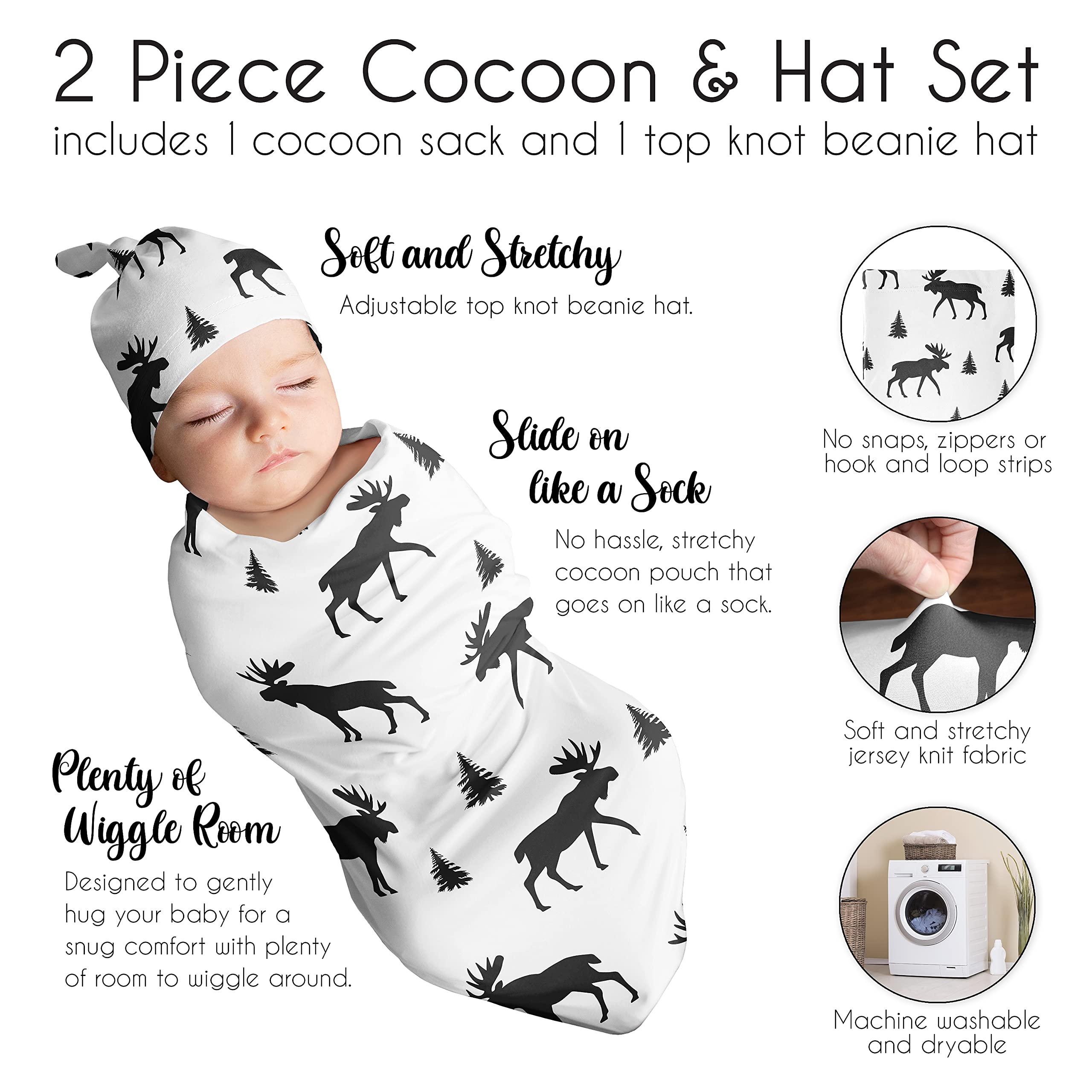 Sweet Jojo Designs Woodland Moose Baby Boy Cocoon and Beanie Hat 2pc Set Jersey Stretch Knit Sleeping Bag for Infant Newborn Nursery Sleep Wrap Sack - Black and White Forest Animal Rustic Patch
