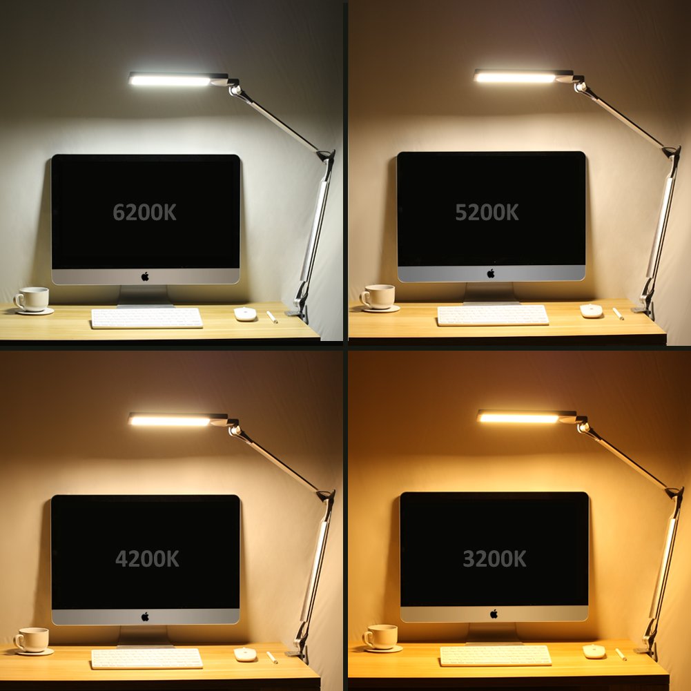 BYB Metal LED Desk Lamp, Architect Swing Arm Lamp with Clamp, Eye-Care Drafting Task Lamp with 4 Color 6 Brightnss, Touch Control, Memory Function for Home Office, Monitor Studio Reading (Silver)