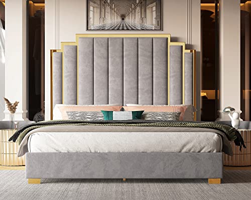 Albott King Size Platform Bed Frame, 65" Velvet Upholstered Bed with Gold Trim Headboard/Wooden Slats/No Box Spring Needed/Grey