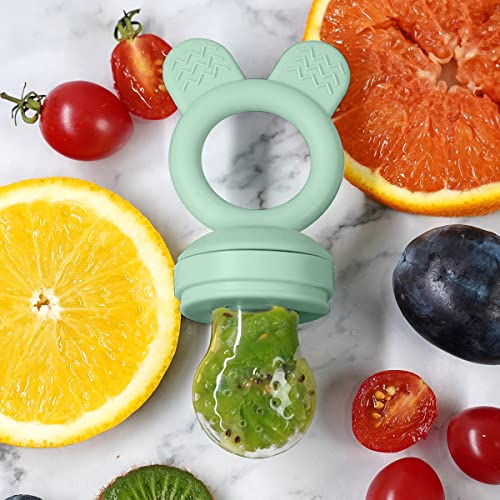 Baby Fresh Fruit Food Feeder Pacifier - 2 Packs BPA Free [3 Sizes Silicone Food Pouches Included] (Light Pink & Grass Green)
