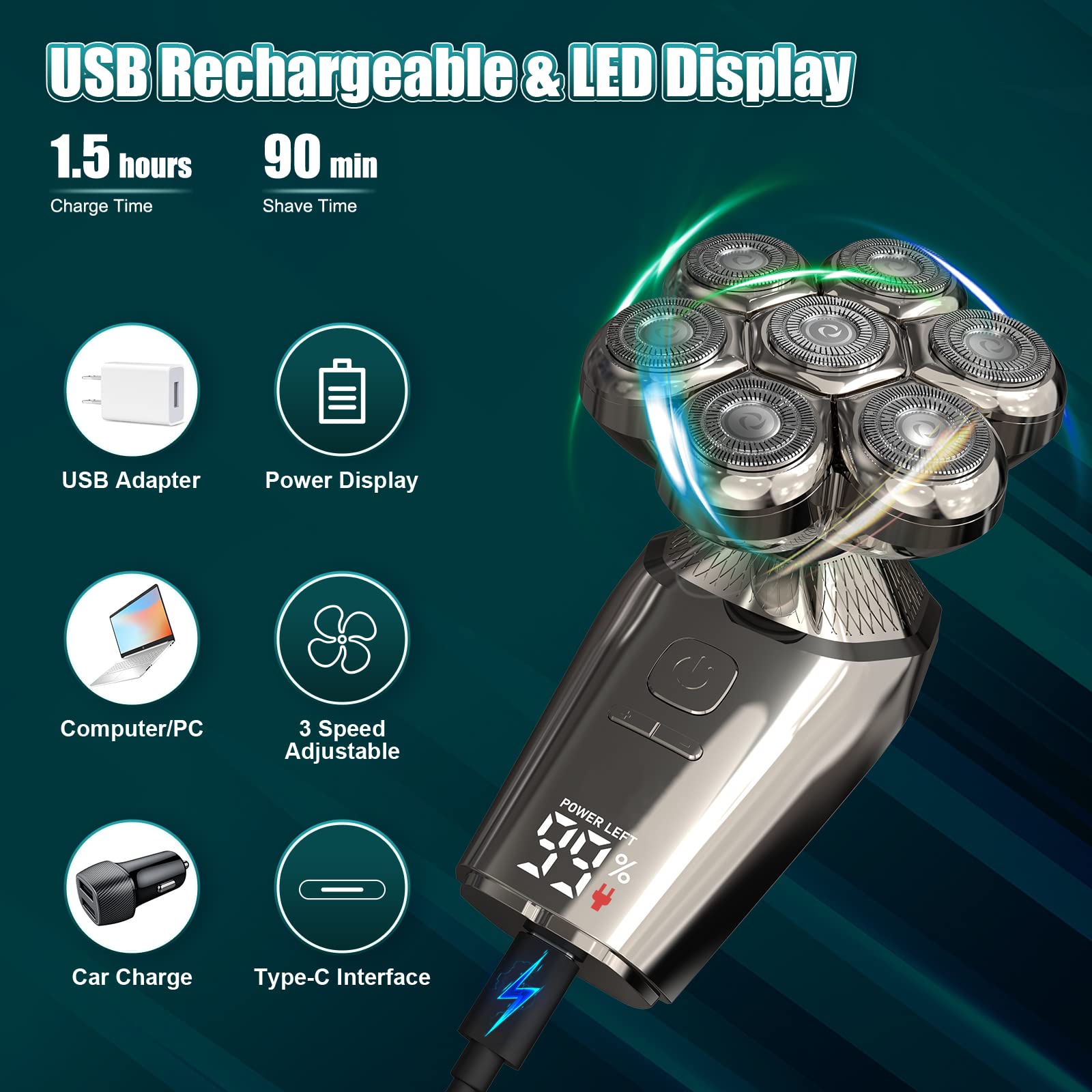 7D Magnetic Head Shaver for Men, TURN RAISE 6 in 1 Waterproof with LCD Display Bald Head Shavers for Men, 3 Modes Wet Dry Electric Razor for Men, USB Rechargeable Electric Shavers for Men Bald Head