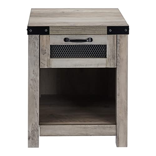 ROCKPOINT End Table with Industrial Style Drawer, Grey Wash