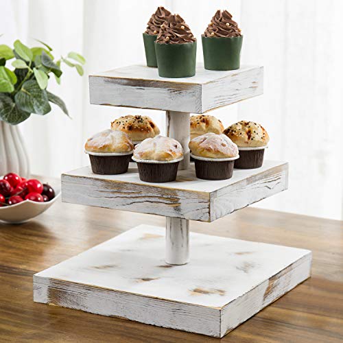 MyGift Whitewashed Wood Cupcake Stand, 3 Tiered Square Serving Tray, Desserts and Appetizer Display Riser