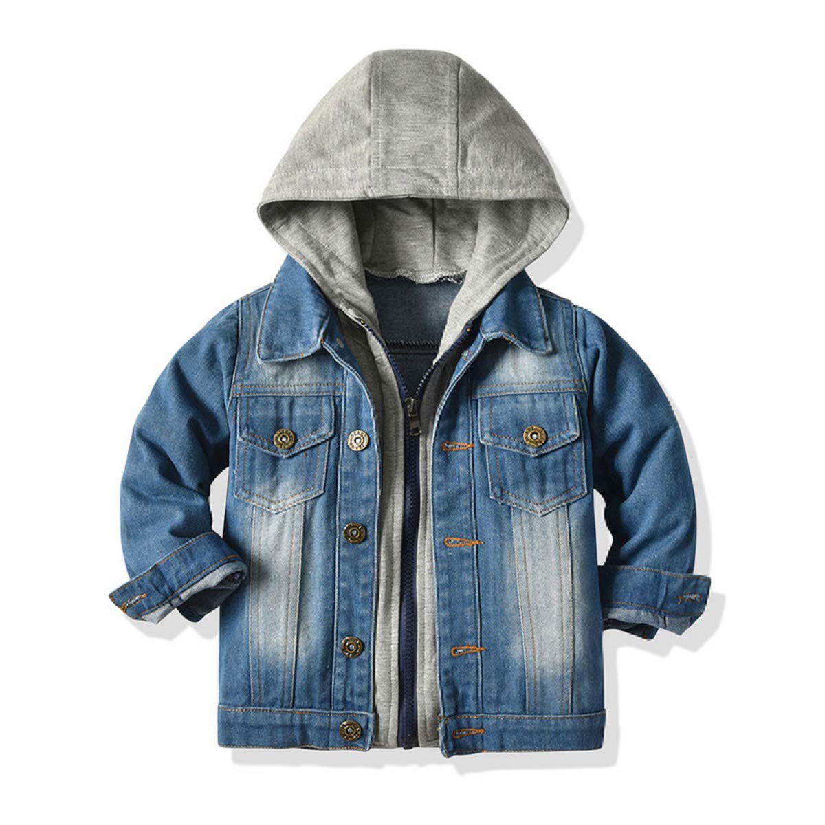 SOFEON Toddler Baby Boy Girls Denim Jacket Button Down Basic Ripped Hoodie Jeans Coat Kid Cowboy Outwear Casual Clothes (Hoodie-grey, 12-18 Months)