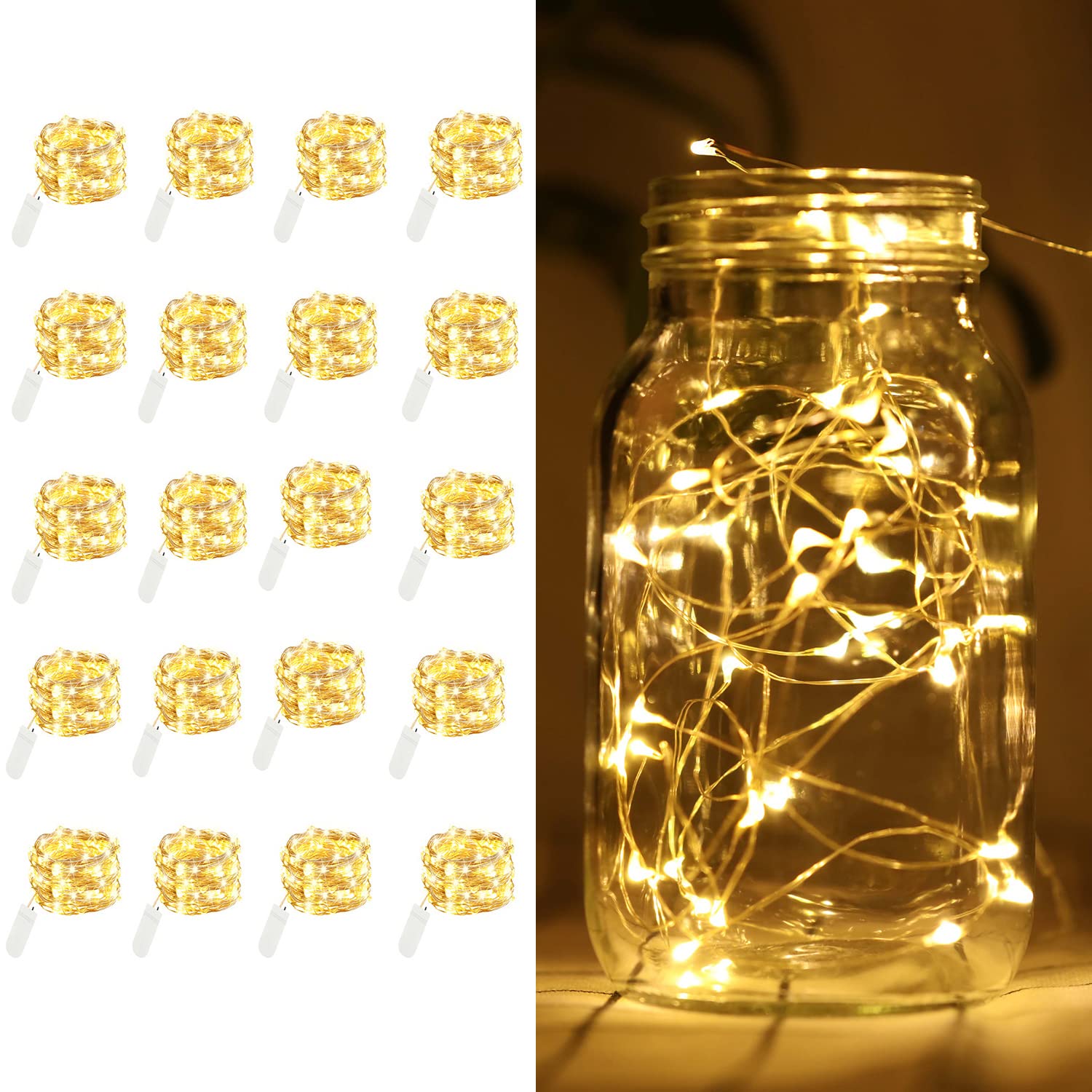 20 Pack LED Fairy Lights Battery Operated,7.2ft 20 LED Silver Wire Warm White Mason Jar Lights,Firefly Mini Led String Lights for Mason Jars Party Crafts Wedding Decorations