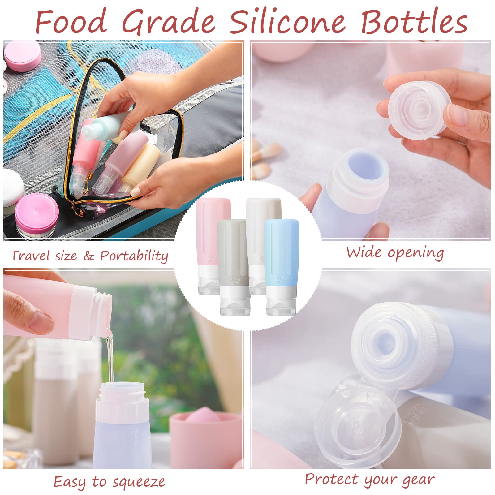 4 Pcs Travel Bottles for Toiletries with a Makeup Sponge Holder and a Makeup Brush Holder Travel Size Containers Shampoo Conditioner Bottle Makeup Egg Storage Box Silicon Portable Cosmetic Brush Case
