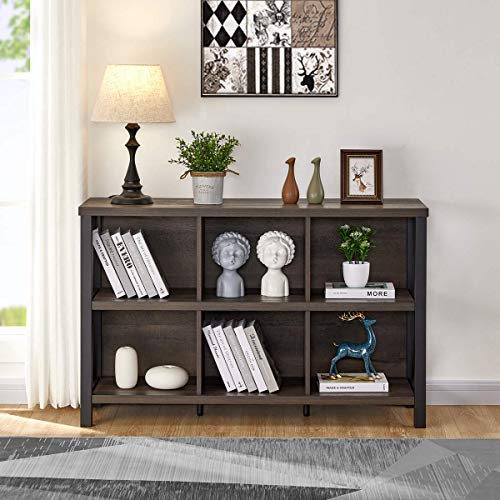 FATORRI Rustic 6 Cube Storage Organizer with Shelf, Wood and Metal Cubby Bookcase, Industrial Horizontal Bookshelf (Walnut Brown, 47 Inch)