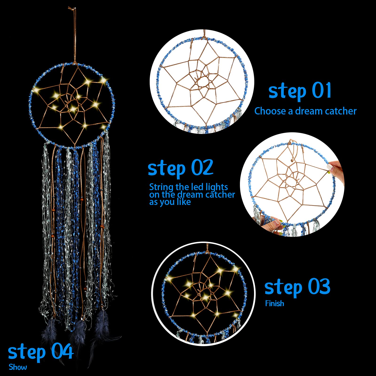 3 Pieces Dream Catcher Moon Sun Star Blue Design Handmade Modern Dreamcatcher with 3 LED String Lights for Bedroom Hanging Wall Home Decoration Ornament Festival Present