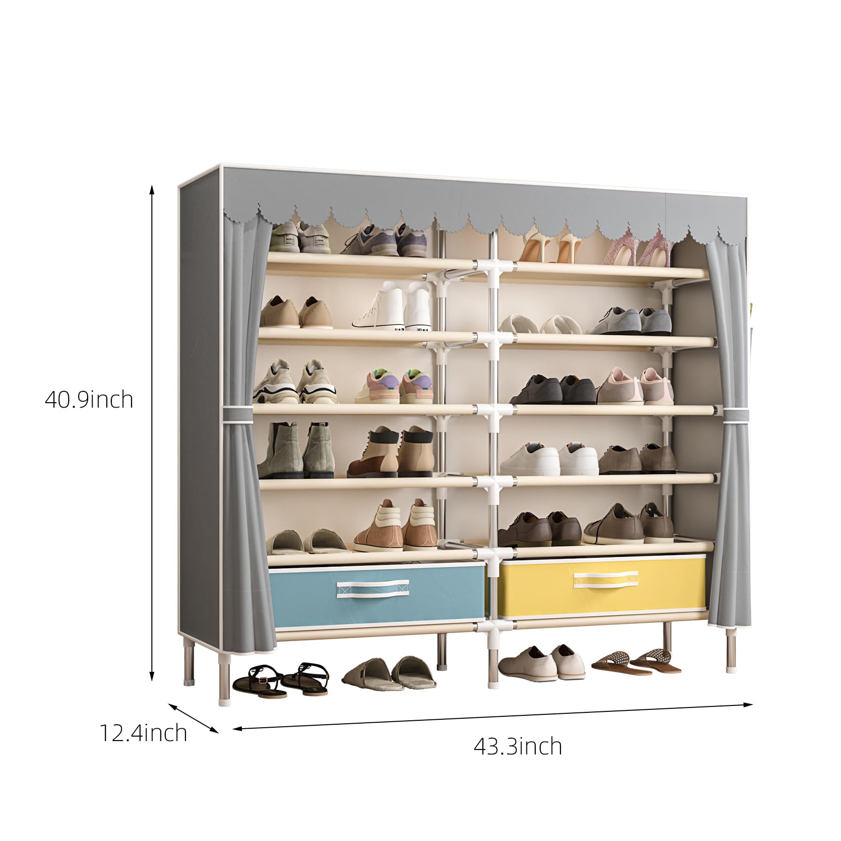 LEAIJIAFY Double Row 6 Tier Shoe Rack Storage Organizer with Cover and 2 Drawers,Portable Standing Shoe Shelf for Garage EntrywaySmall Spaces,16MM Metal Tubes,Gray