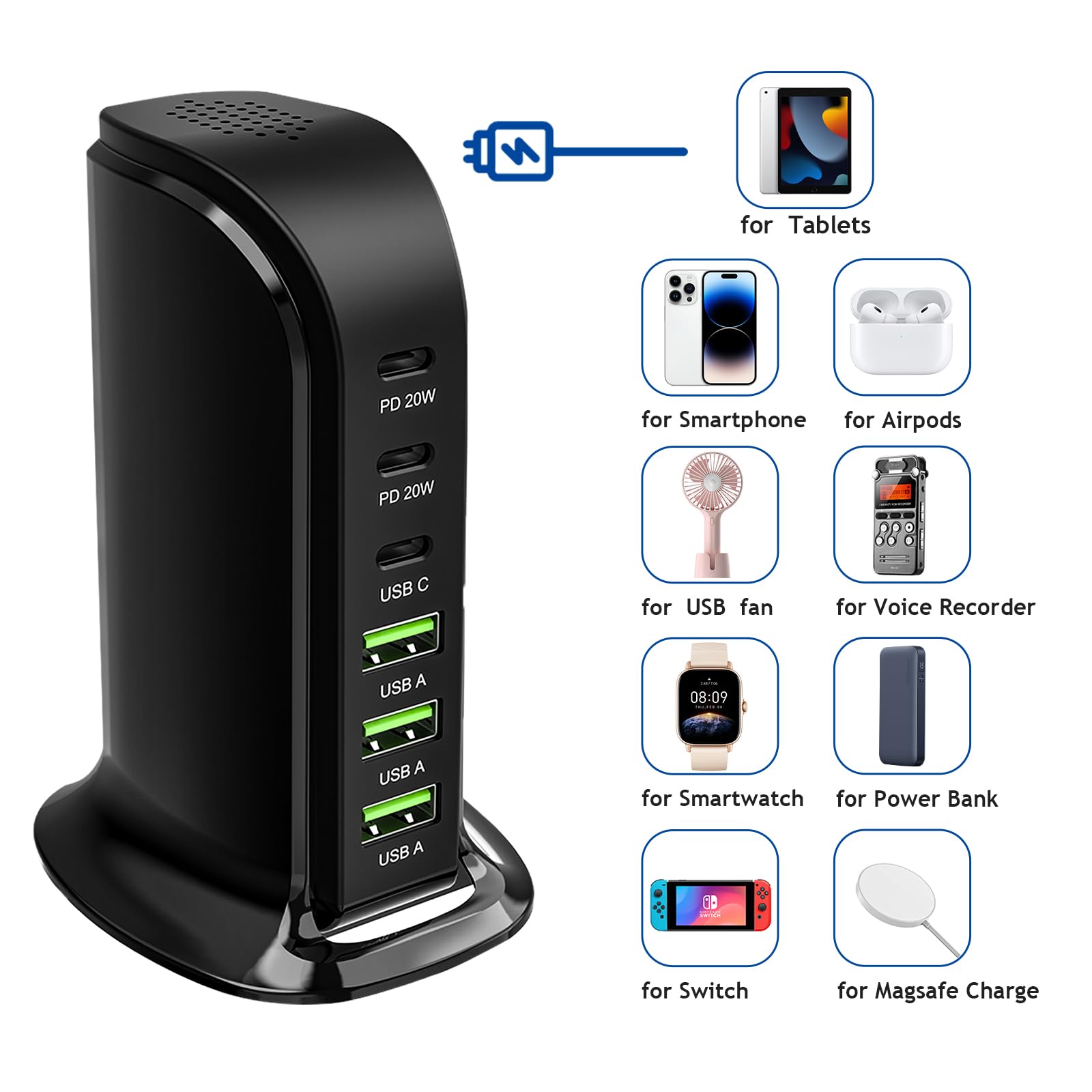 ๐ฎ๐ฌ๐ฎ๐ฏ ๐ก๐ฒ๐ USB C Charging Station with Dual PD20W RISWOJOR, 70W 6-Port USB C Fast Charger Block with Auto Detect, USB Multiport Charger Hub Tower for Smartphone Tablet and Multiple Devices, RIS70W01A