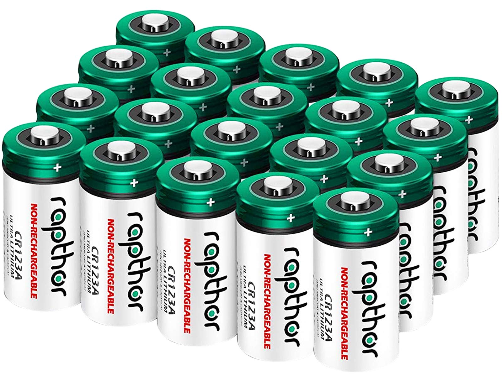 rapthor CR123A 3V Lithium Batteries 20 Pack 1650mAh High Power CR123 CR17345 for Flashlights Microphone Toy Smoke Detector Alarm System Non-Rechargeable CR123 Photo Battery (Not for Arlo)