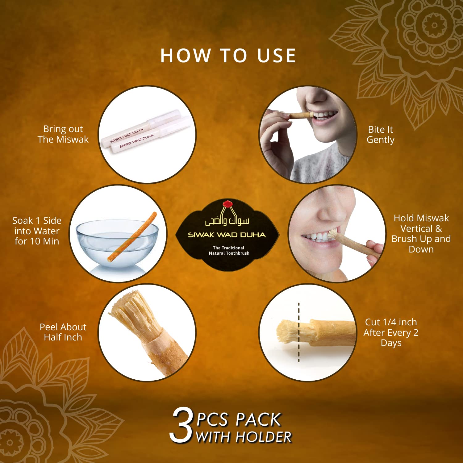 MISWAK Tooth Stick 100% Natural Teeth Whitener- Lightweight Wood Brush for Healthy Gums & Teeth (Pack of 3 Sticks with Holder)