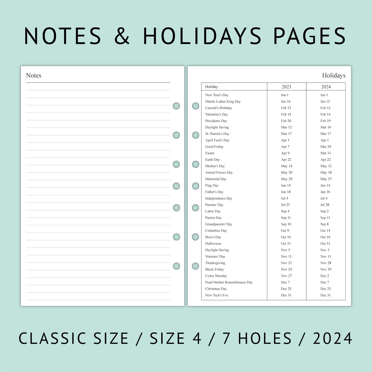 2024 Weekly & Monthly Planner Refill, 5-1/2" x 8-1/4", Runs from January 2024 to December 2024, Ruled Daily Boxes, Classic/Desk Size 4, 7-Hole Punched