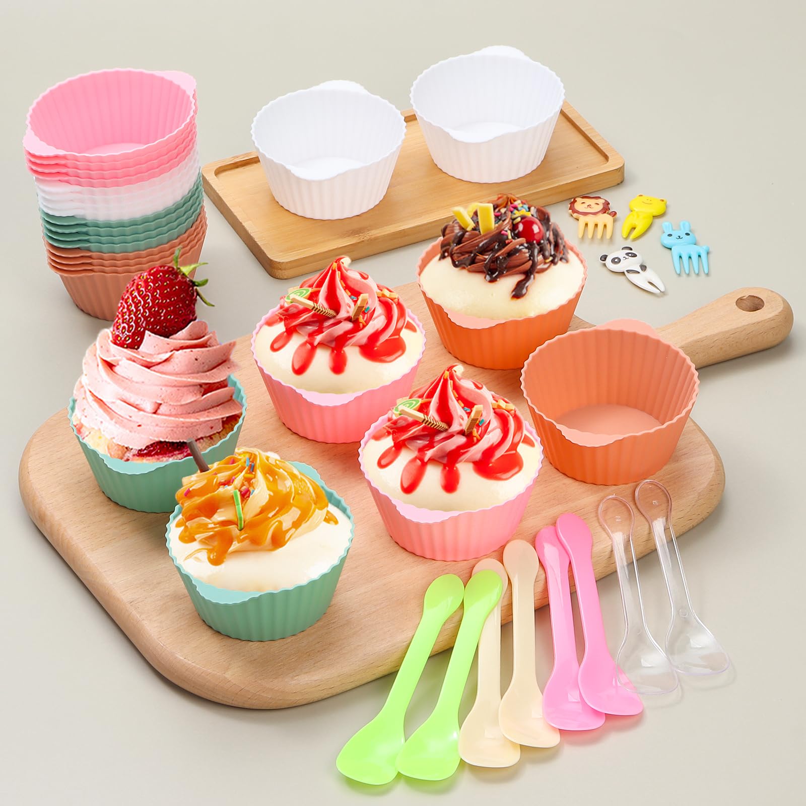 24Pcs Silicone Lunch Box Dividers Bento Box Accessories Silicone Cupcake Liners, Reusable Round Baking Cups Silicone Muffin Liners with 10pcs Food Picks and 24pcs Spoon