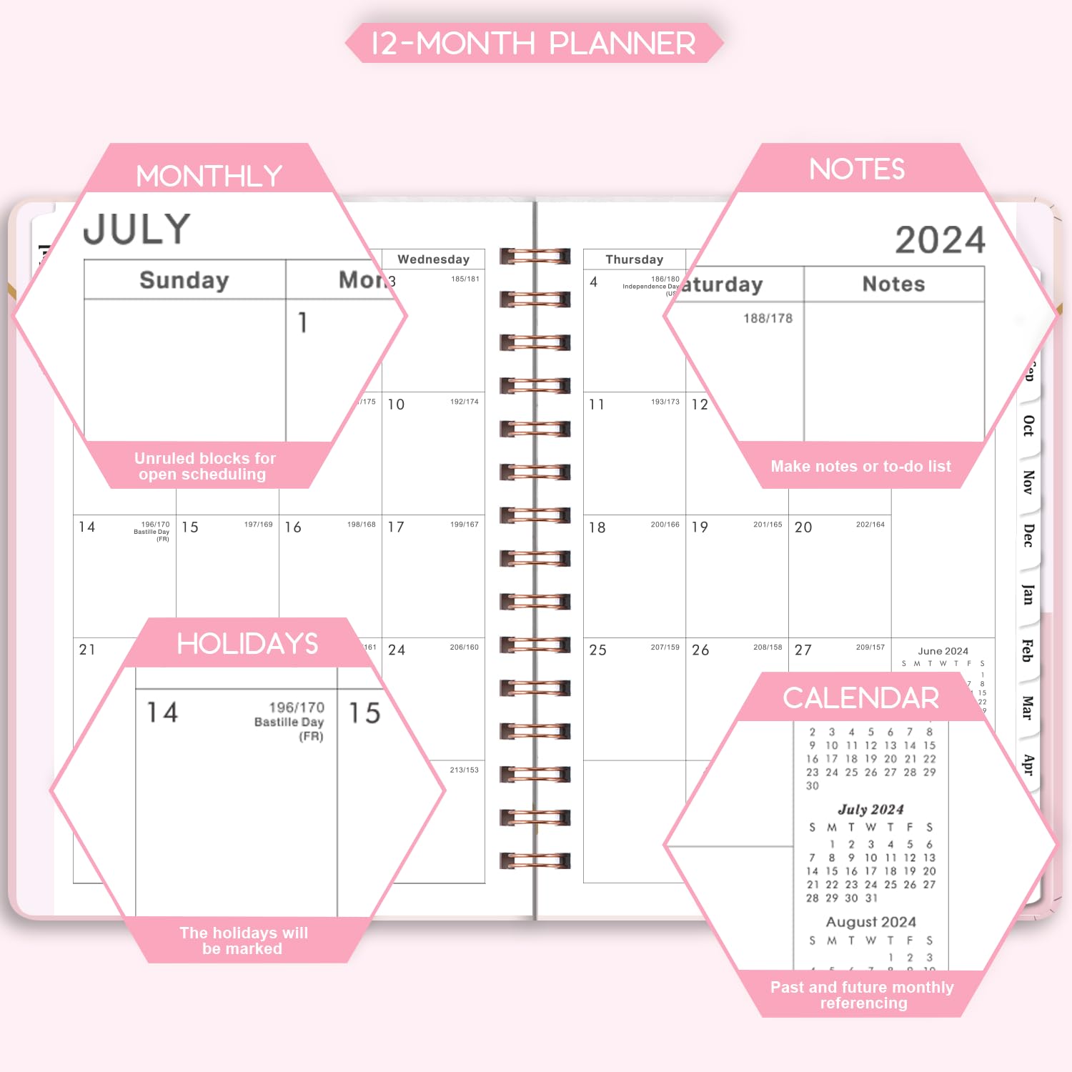 2024-2025 Planner - July 2024 - June 2025, Planner 2024-2025, 6.3" x 8.4", 2024-2025 Weekly and Monthly Planner with Marked Tabs - Pink Marble