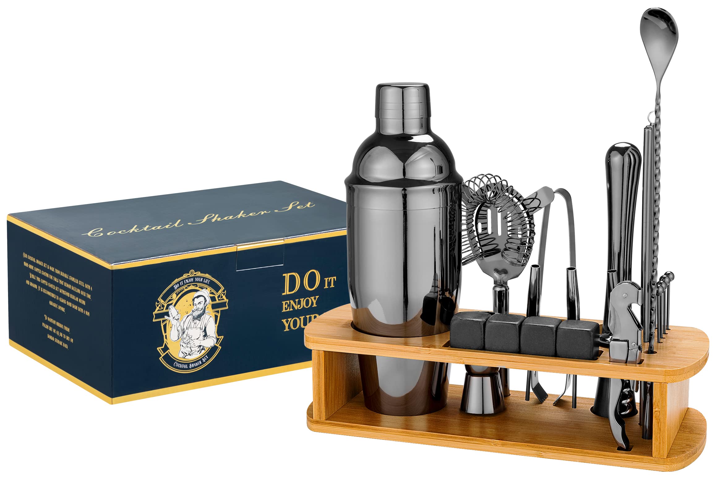 25-Piece Cocktail Shaker Set with Bamboo Stand, 304 Stainless Steel Bartender Kit, Professional Martini Shaker Bar Tool Set for Drink Mixing, Home, Bar, Party (Gun-Metal Black)