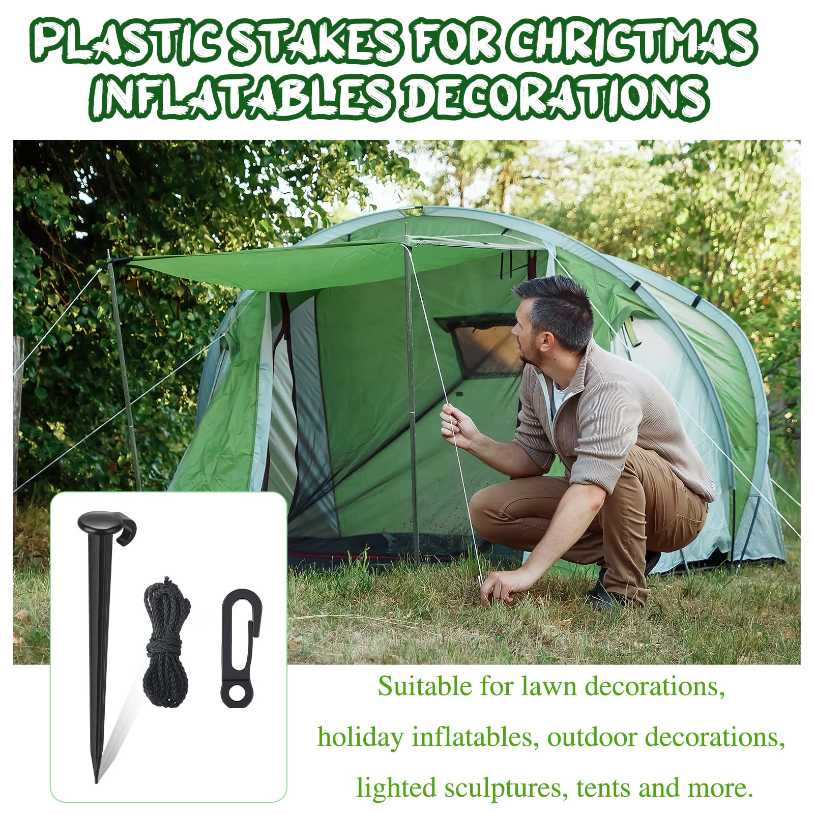 16 Sets Canopy Stakes with Nylon Ropes and Hook Tent Plastic Beach Tent Pegs Heavy Duty Tent Ground Anchor Stakes Outdoor Inflatables Stakes Tents Spikes for Garden Camping Lawn, 7 Inch