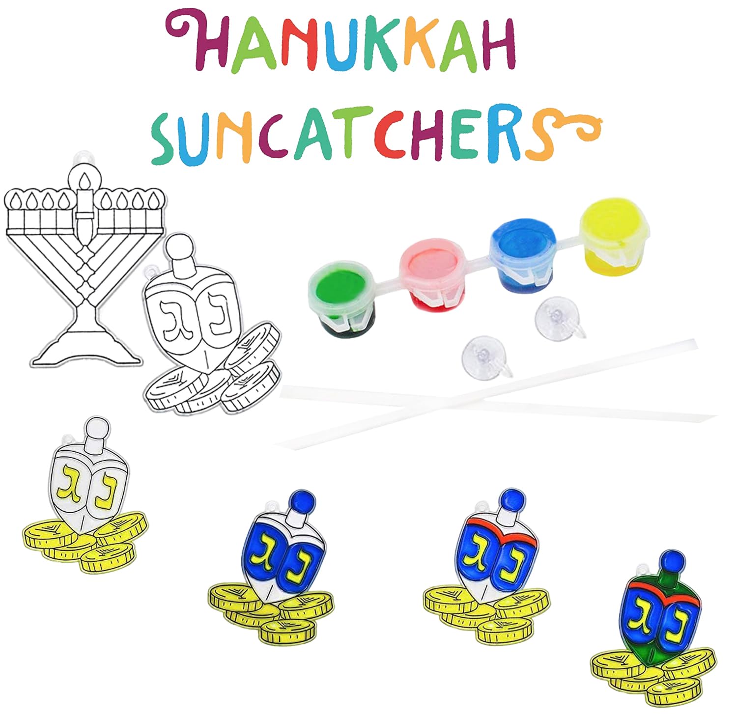 The Dreidel Company Hanukkah Suncatcher, Stained Glass Look, Chanuka Decorations, Paint Your Own Menorah and Dreidel, Fun and Educational (Single)