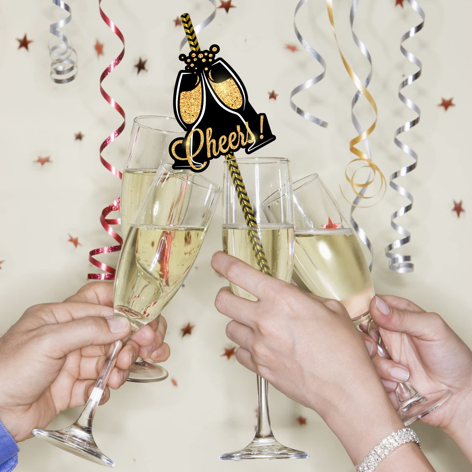 48PCS Happy New Year Straws 2024 – New Year’s Eve Striped Straws Party Supplies Decorations