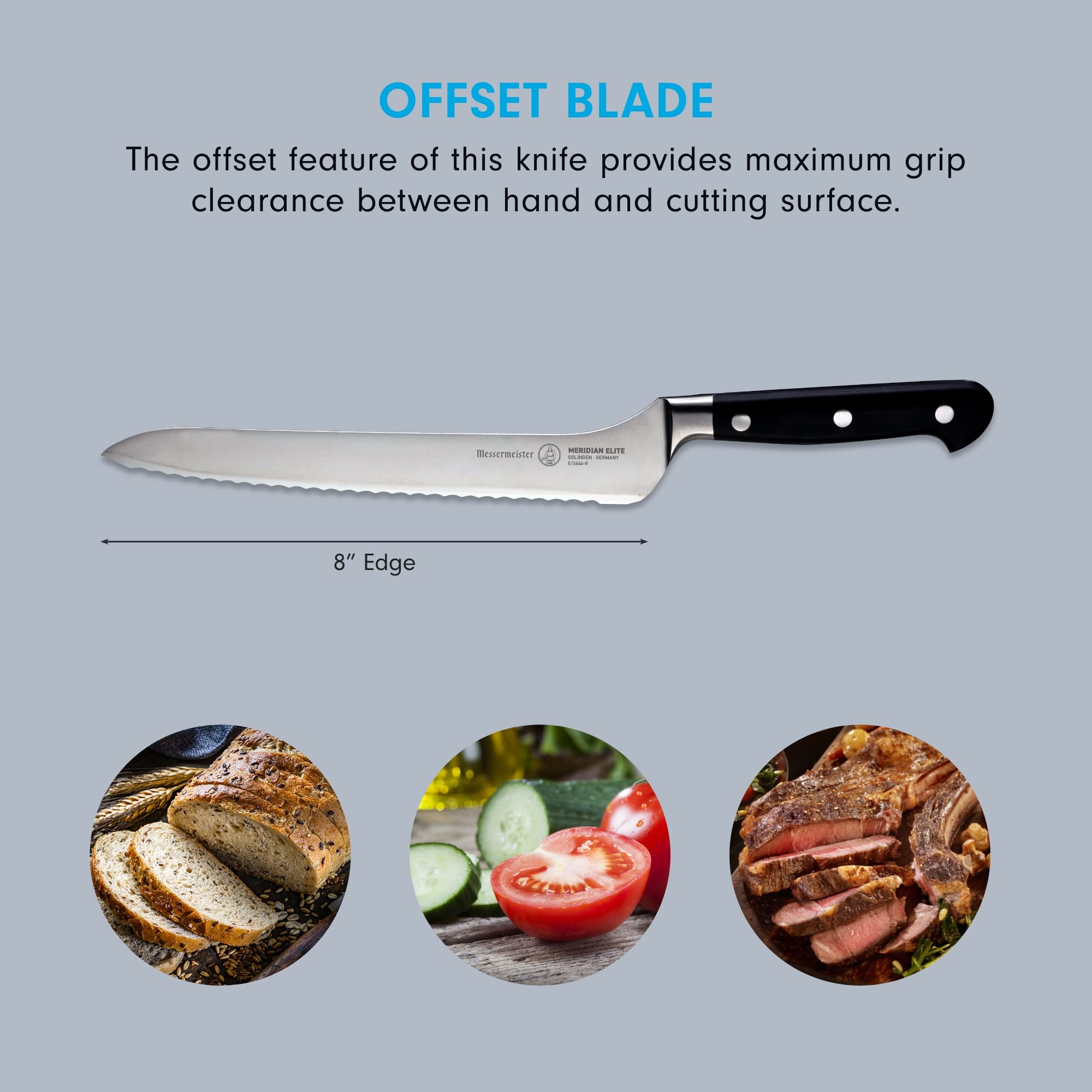 Messermeister Meridian Elite 8” Scalloped Offset Knife - Fine German Steel Alloy Blade - Rust Resistant & Easy to Maintain