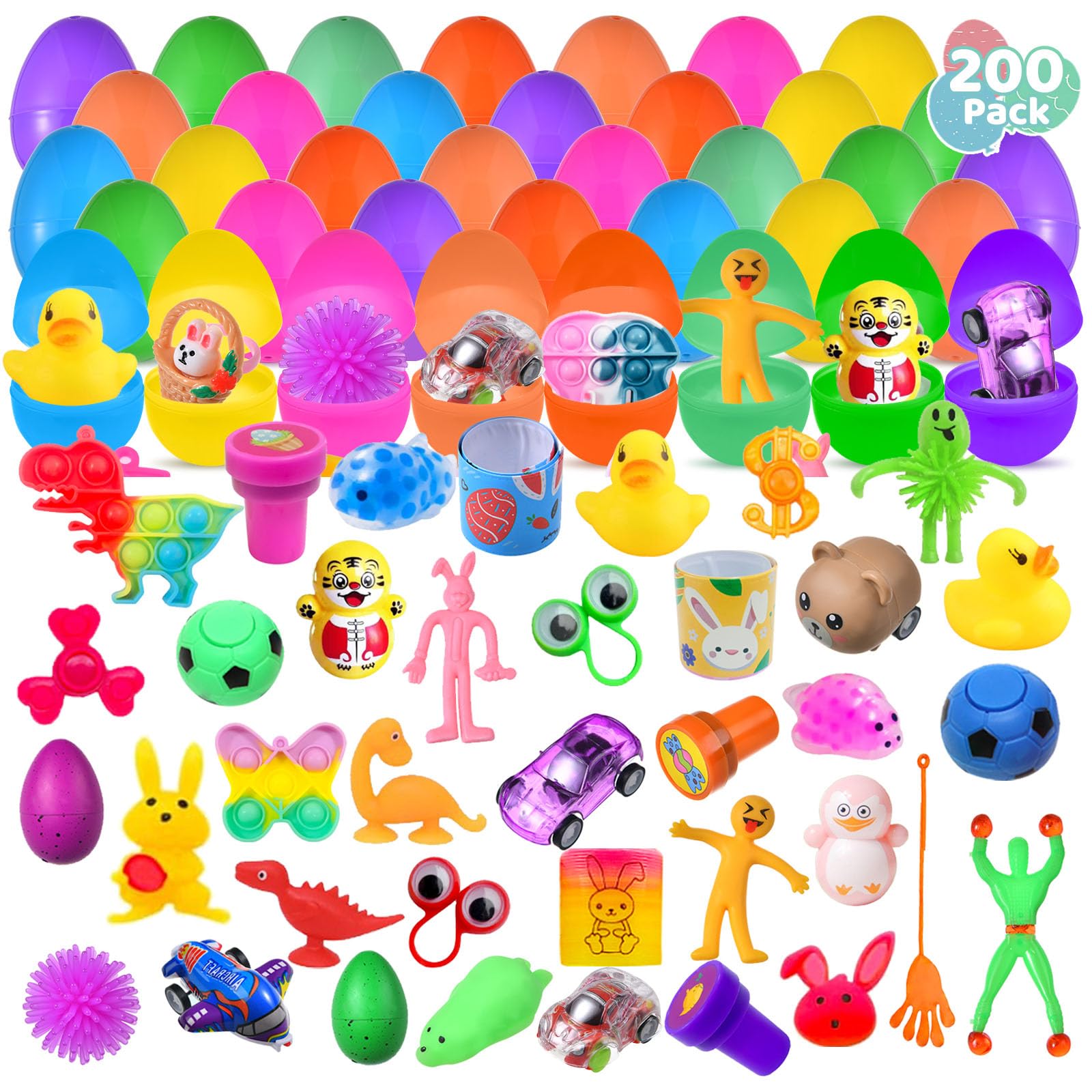 200 Pack Prefilled Easter Eggs with Mini Novelty Toys Inside and Easter Theme Assorted Toys Great for Kids Toddlers Teens Easter Party Favor Basket Stuffers Eggs Fillers