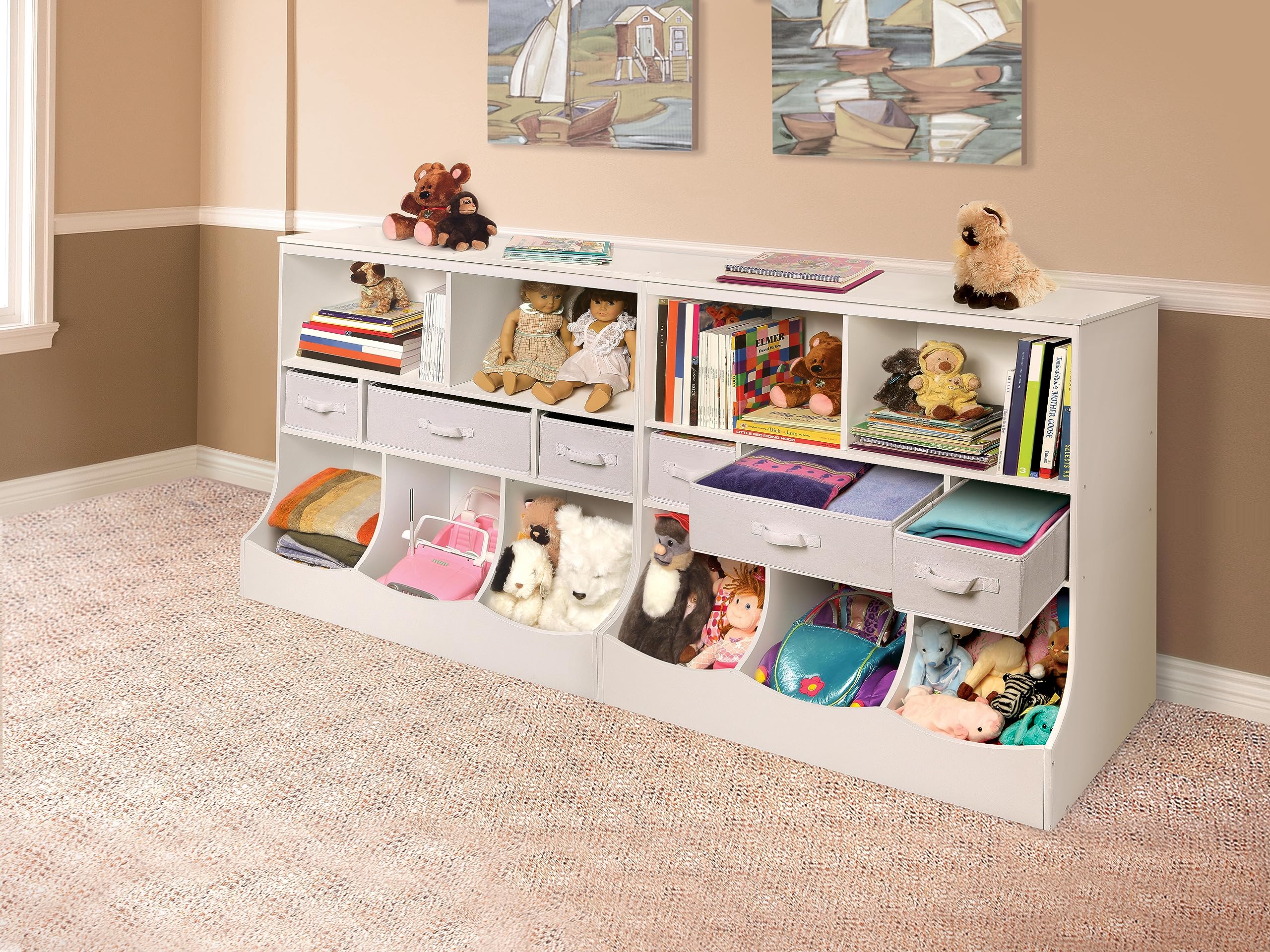 Badger Basket Combo Bin Toy Storage Unit and Book Shelf for Kids with 3 Baskets - White