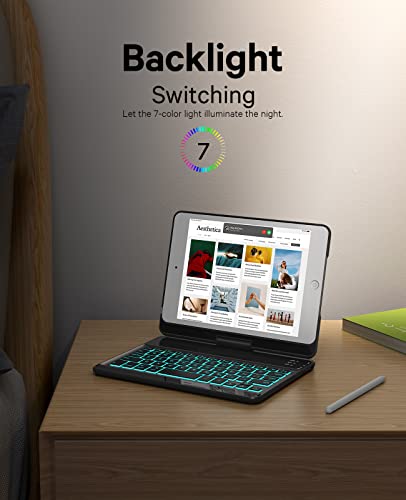 GreenLaw Keyboard case for iPad Mini 5/ Mini 4-360° Rotatable 180 Flip- 7 Colors Backlit - Wireless Smart Folio Auto Sleep/Wake Hard Cover fit for iPad Mini 5 2019(5th Gen)/ iPad Mini 4 2015, Black