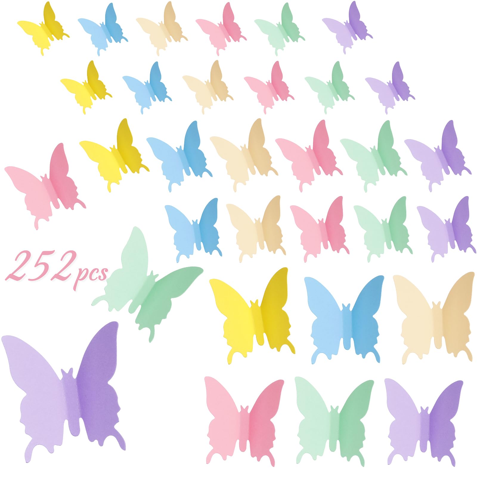 252 pcs 3D Butterfly Wall Decals Butterfly Removable Mural Stickers 3 Sizes 6 Colors Wall Decor Room Mural Kids Bedroom Decoration Wall Art Crafts for Home Bedroom Decoration