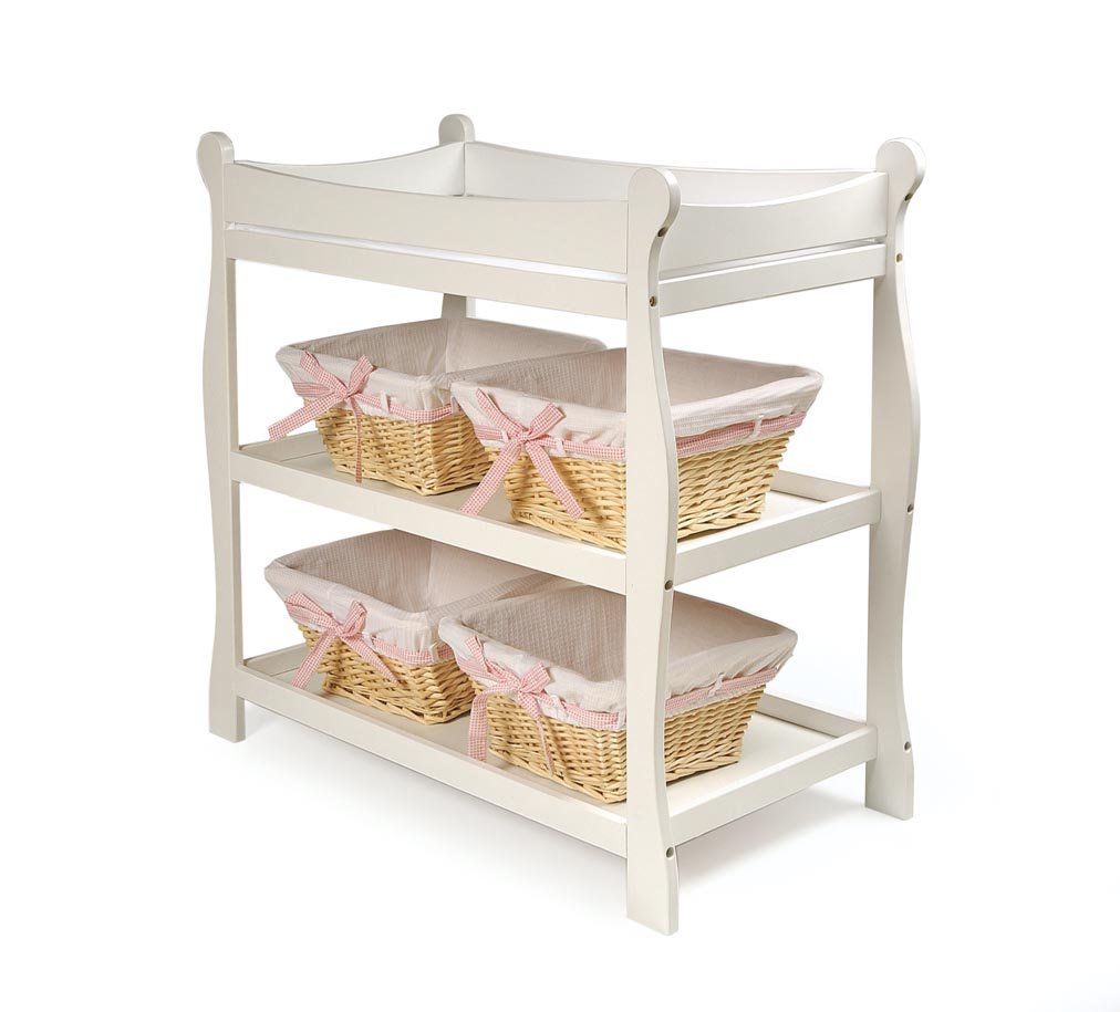 Badger Basket Sleigh Style Baby Changing Table with Pad, Nursery Furniture with Storage - White