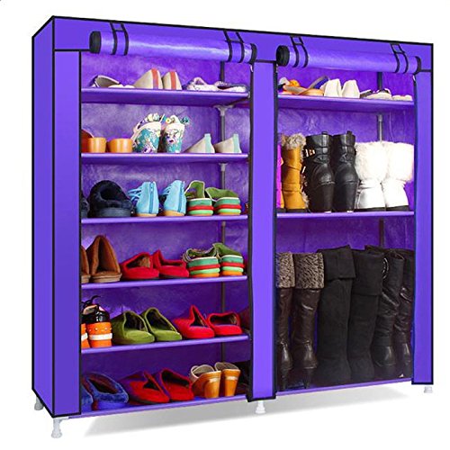 6 Tier Shoe Rack with Dustproof Cover, 30 Pairs Portable Vertical Double Row Shoe Rack Storage Organizer with Nonwoven Fabric Cover Cabinet for Closet & Entryway, Purple