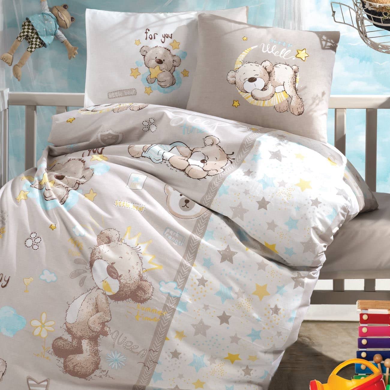 paradise RANFORCE 100% Cotton Baby Bedding, Heart Teddy Bear Themed Duvet Cover Set, Crib Bedding for Baby Girls,