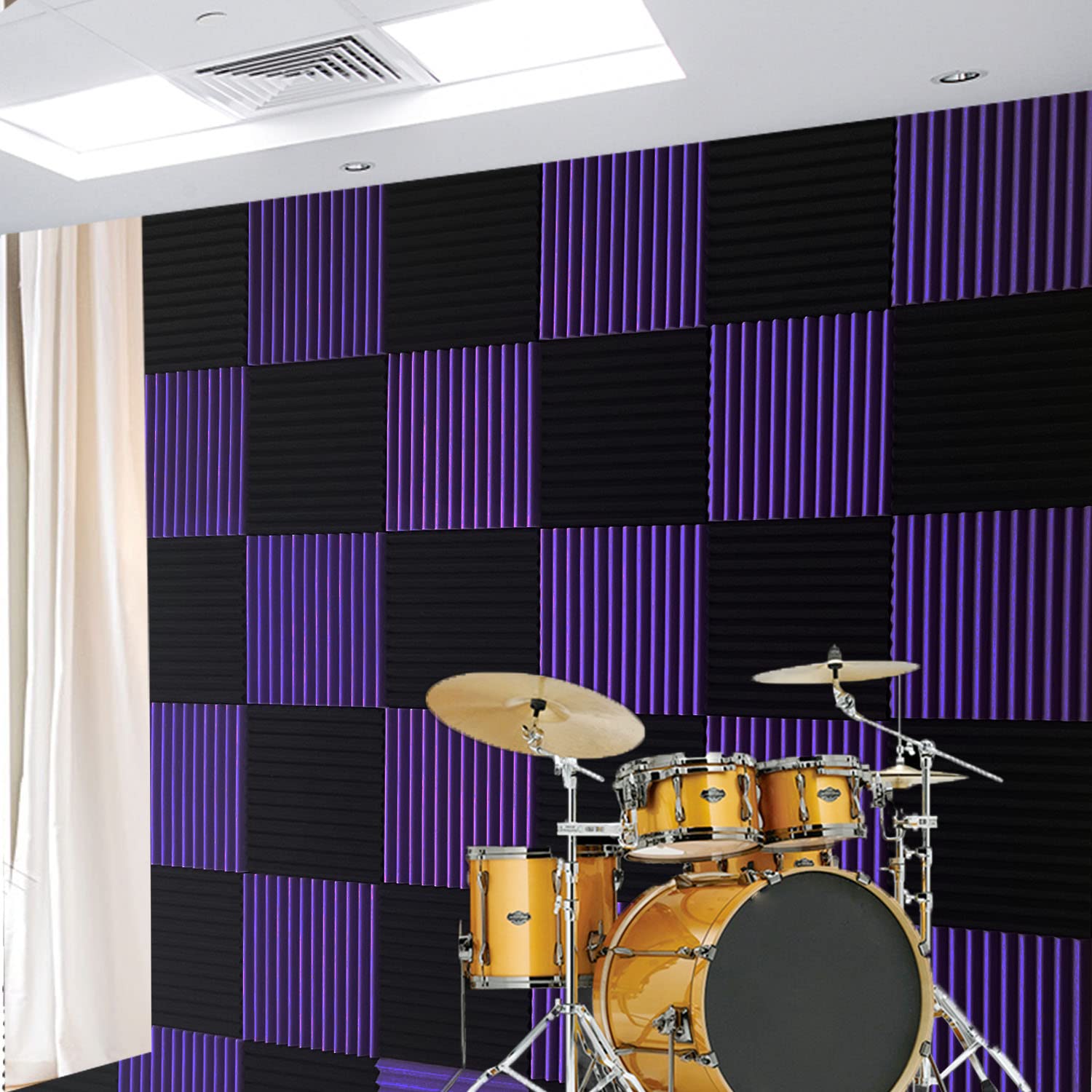 52 Pack 12 "X 12 "X1" Black/Purple Acoustic Panels Studio Soundproofing Foam Wedge Tiles,