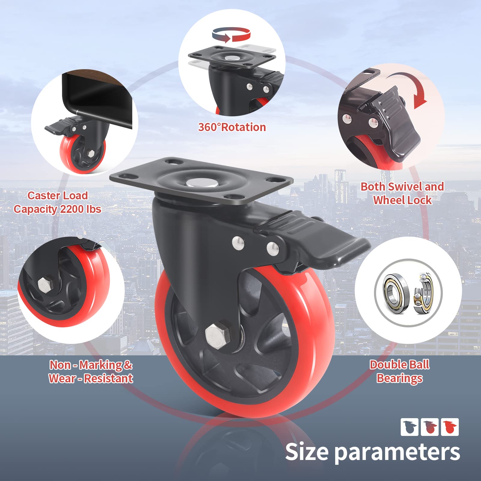 5 Inch Caster Wheels with Brake, Casters Set of 4 Heavy Duty 2000LBS, Safety Dual Locking Industrial Casters, Polyurethane Foam No Noise Wheels for Cart, Workbench(Two Hardware Kits Provided)