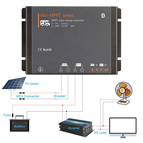 20A mppt Charge Controller, 12V/24V Negative Ground Solar Charge Controller Regulator, Compatible with Bluetooth, Lead-Acid Lithium, RV Boat Truck House System