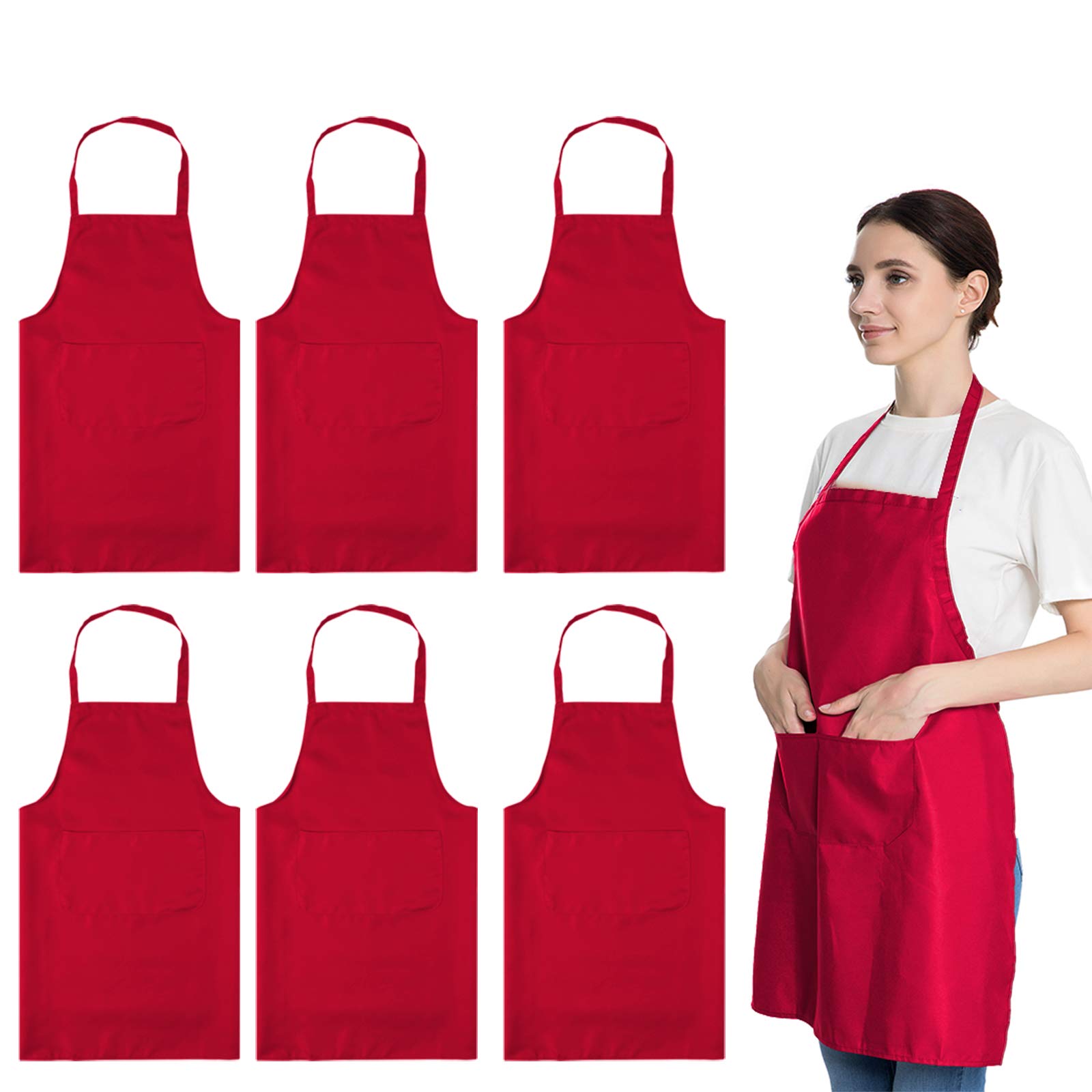 LOYHUANG Total 6PCS Red Aprons Bulk for Women Unisex Plain Colour Bib Aprons with 2 Front Pockets Washable Apron for Painting Cooking Baking Kitchen Restaurant Crafting
