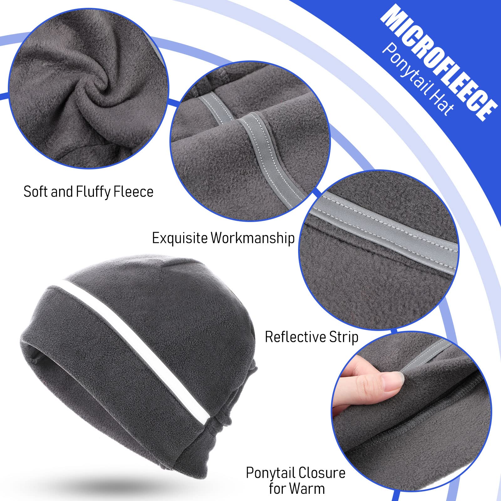 3 Pieces Reflective Fleece Running Ponytail Hat Women Safety Beanie with Ear Covers Cold Weather Skull Cap (Black, Dark Grey, Navy Blue)