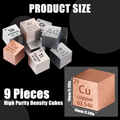9 Pieces Element Cube Set 10mm Density Cubes Periodic Table Pure Metal Cube Zinc Copper Bismuth Chromium Aluminum Antimony Iron Carbon Titanium for Element Collections Material Hobbies