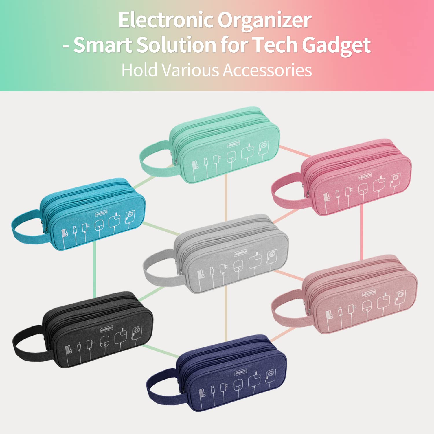HESTECH Electronic Organizer Travel Case Cord Organizer Traveling Bag Tech Organizer Pouch for Charging Data Cable,Charger,Phone,Power Bank,Mouse,USB Flash Drive,Earphone,Pink with 5PCS Cables Ties