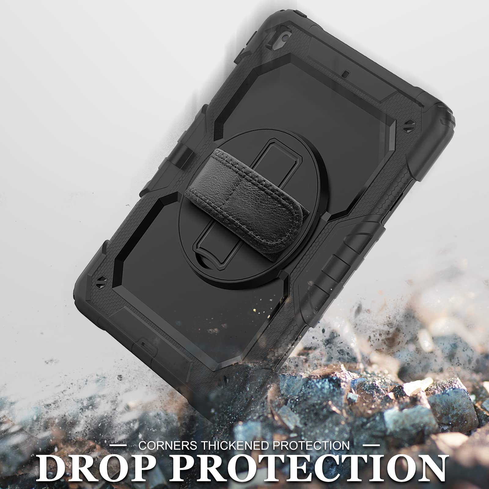 Sibeitu iPad 9th Generation Case 2021 10.2 Inch with Screen Protector & Kickstand, Protective iPad 7th 8th Gen Shockproof Case 2019 2020 Cover with Hand Shoulder Strap, Heavy Duty & Rugged, Black