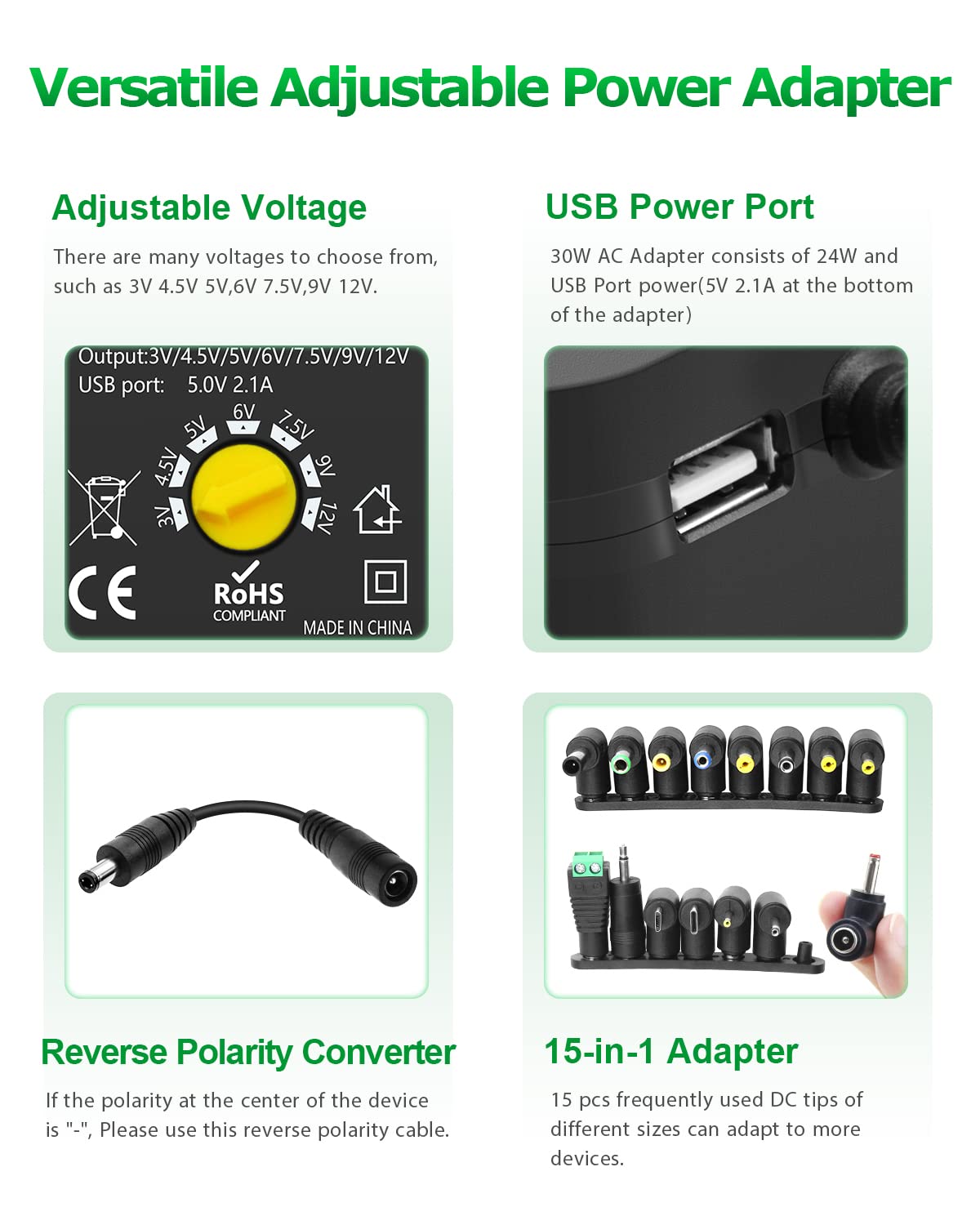 Arkare 30W Universal AC to DC Power Adapter Adjustable Power Supply 3V 4.5V 6V 9V 12V 2A 1A DC Adapter AC 100-240V to DC 3-12V Multi Voltage Switching Power Adapter with 15 Tips + Polarity Converter