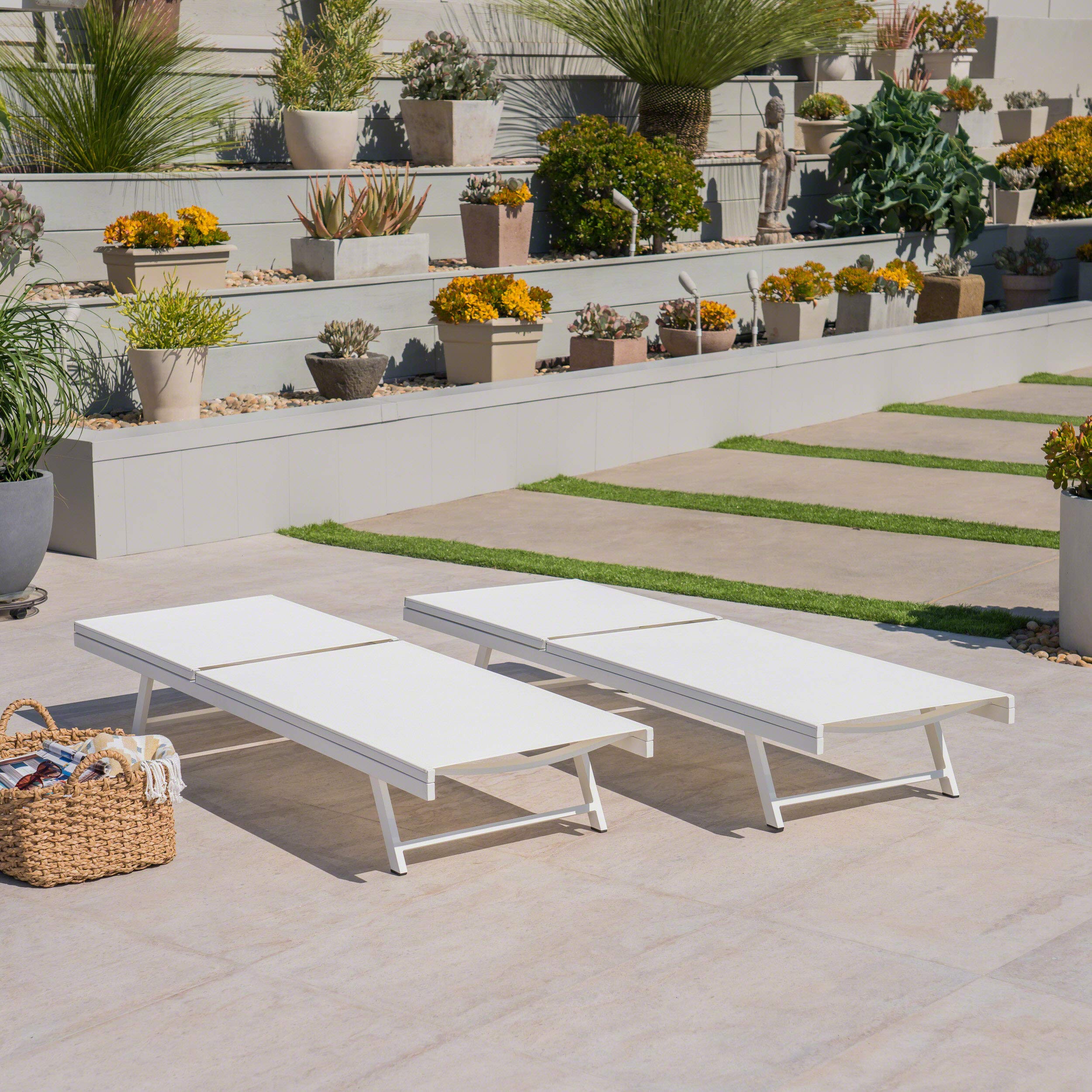 Christopher Knight Home Salton Outdoor Aluminum and Mesh Chaise Lounge Set, 2-Pcs Set, White / White