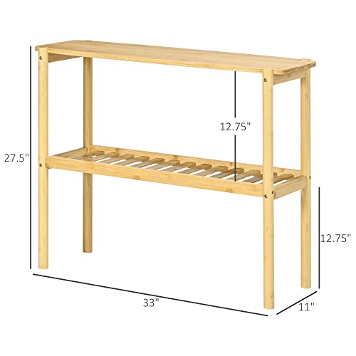HOMCOM Bamboo Shelf, 2-Tier Multifunctional Storage Shelf, Plant Flower Stand for The Bathroom, Kitchen, and Living Room Storage, Natural