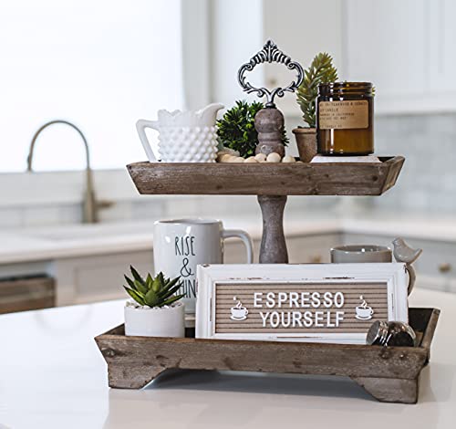 Felt Creative Home Goods Rustic Wood Two Tiered Tray, Rectangle 2 Tier Serving Tray for Coffee Bar, Kitchen Counter, Dining Room Table, Cupcake Stand, Holiday and Farmhouse Decor (Rustic Brown)