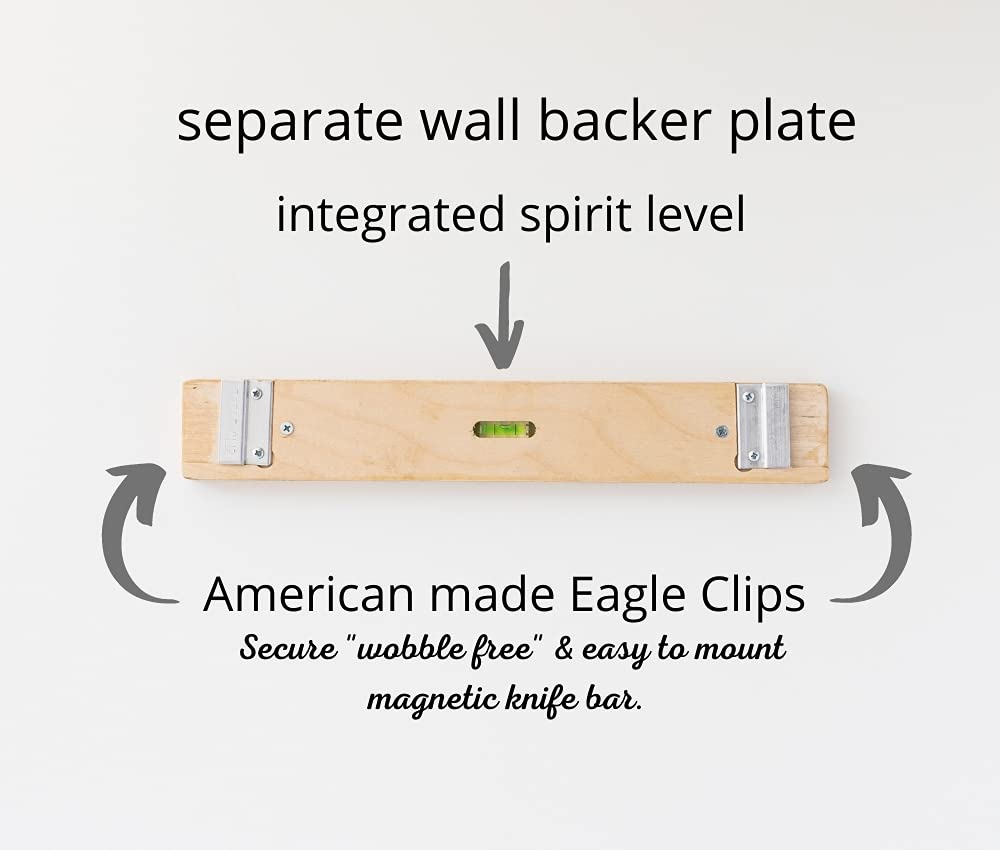 360KnifeBlock BAR - (walnut & blue) 4”x16” wall mount knife BAR - integrated level, steel clips, 2” screws