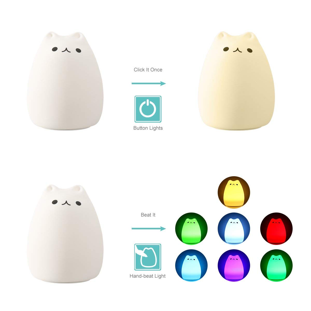 Dastling UMIRNI Cute Cat Night Light, Rechargeable Silicone LED Baby Nursery Nightlight, Color Changing Animal Lamp, Tap Sensor Control