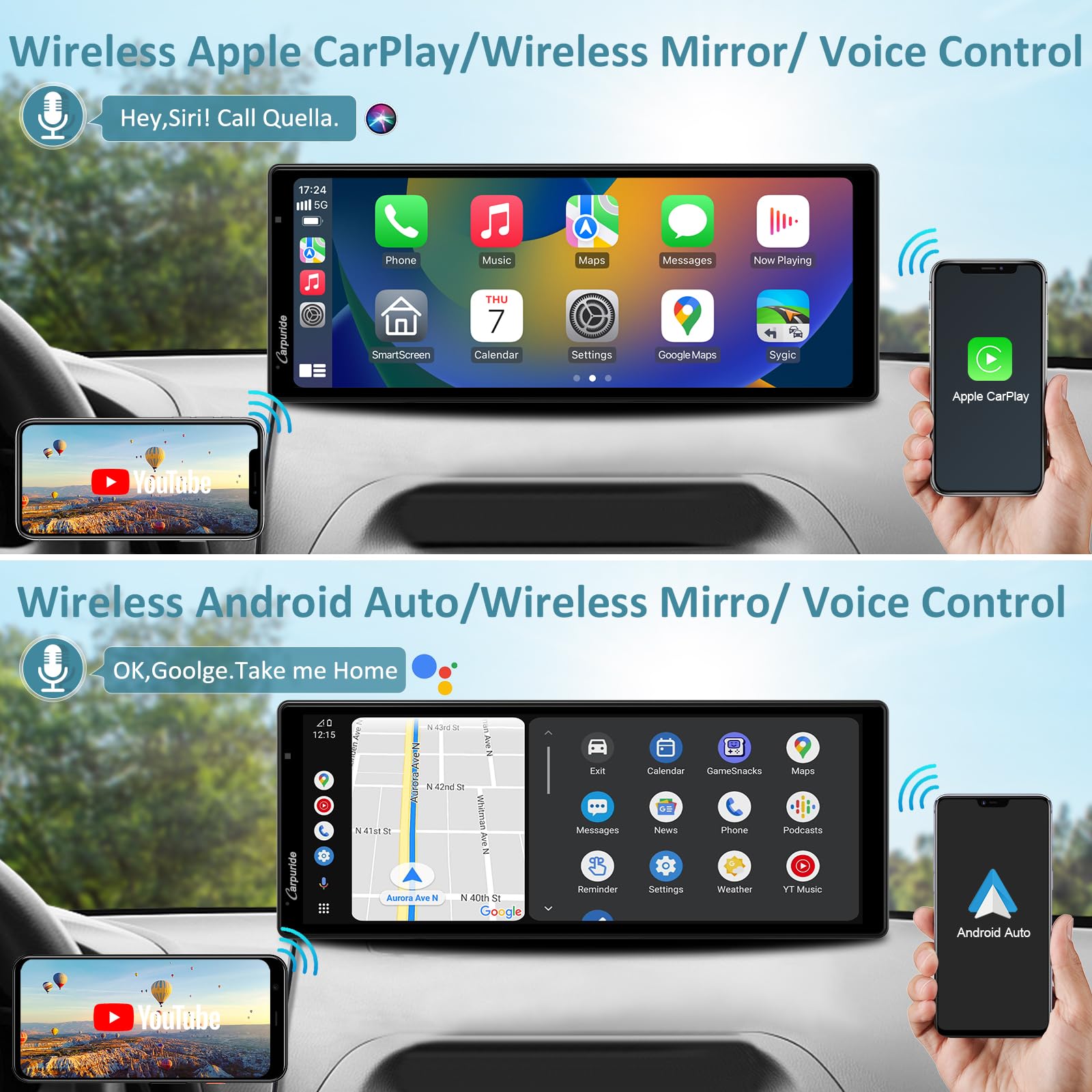 2024 Newest Carpuride W903 Wireless Carplay Android Auto Car Stereo with 4K Dash Cam, Backup Camera,Portable 9.3 Inch IPS Touch Screen,Car Radio Receiver with Mirror,Bluetooth,Drive Navigation