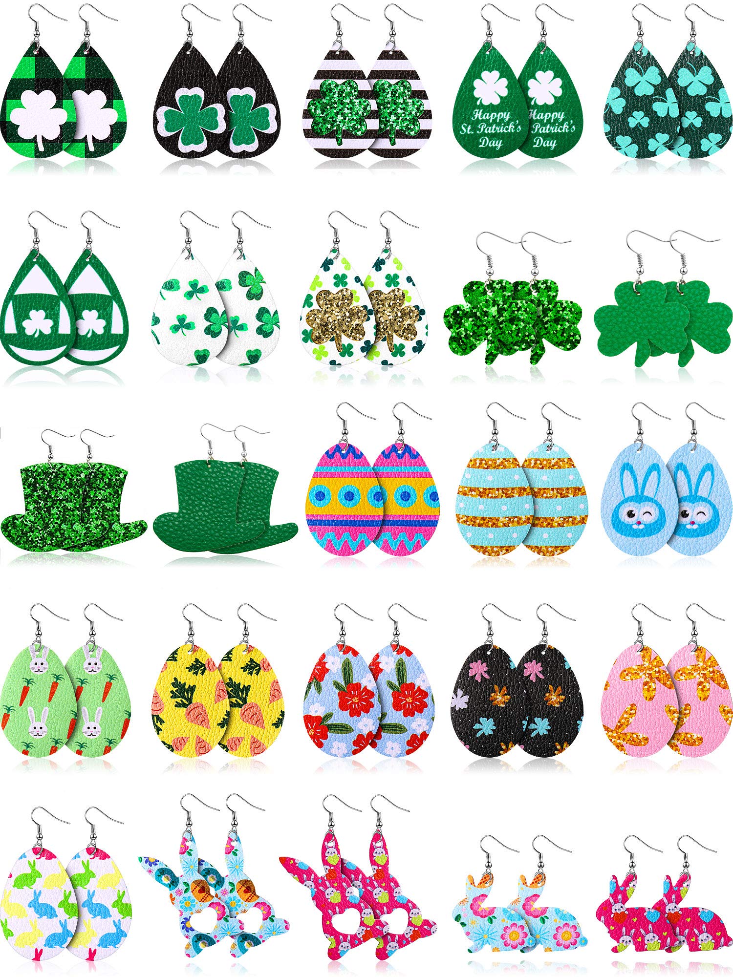 25 Pairs St Patrick's Day Easter Faux Leather Earrings Set Teardrop Clover Green Hat Easter Egg Dangle Earrings for Women Girls