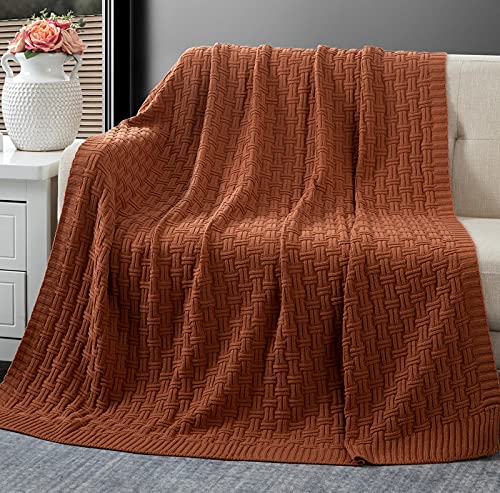 RUDONG M Brown Cotton Cable Knit Throw Blanket, Cozy Warm Knitted Couch Cover Blankets, 60 x 80 Inch